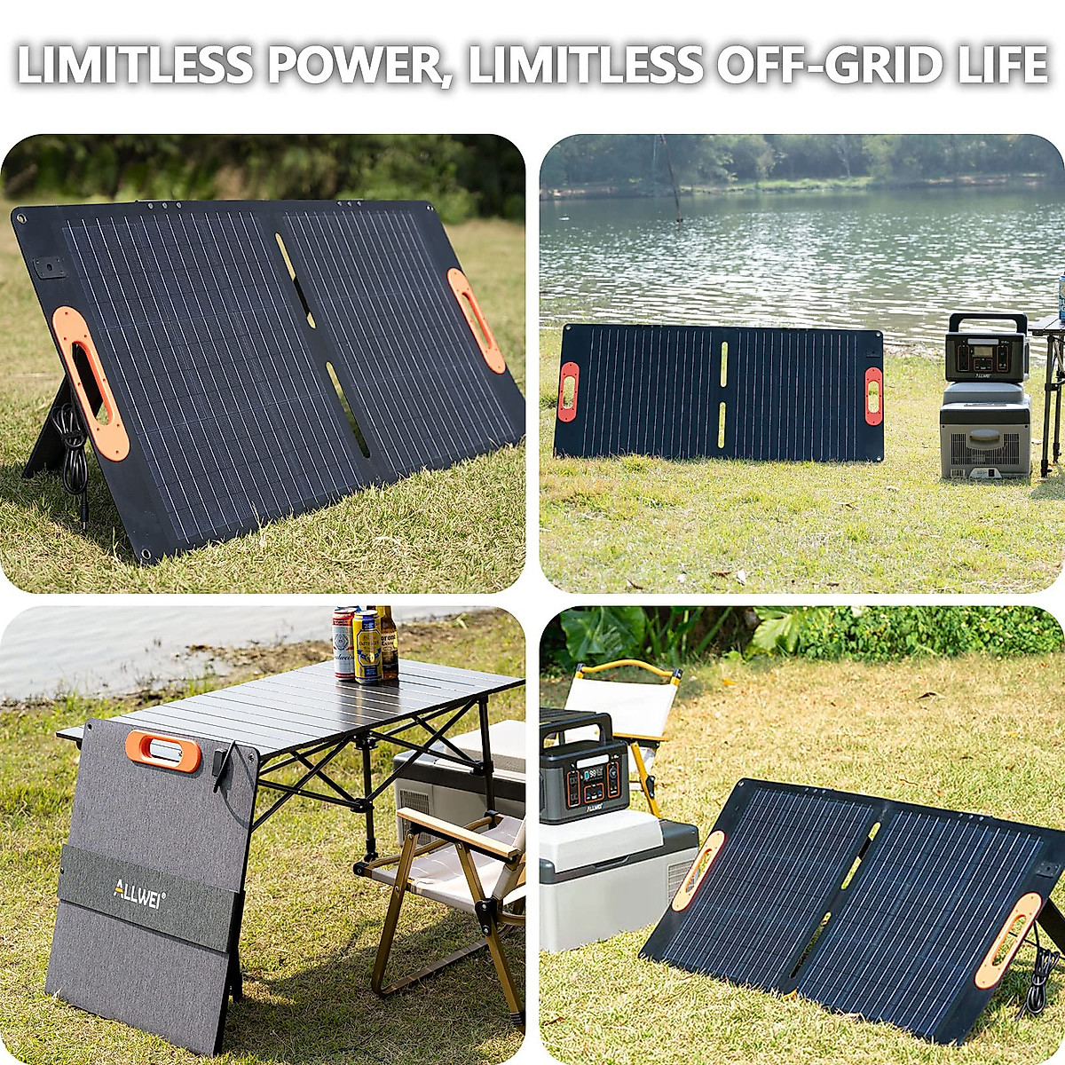 ALLWEI 100W Portable Solar Panel for 300/500 Power Station Solar Generator, 18V Foldable Solar Battery Charger with Adjustable Kickstand, Waterproof IP68 for Camping Trip Outdoor RV Blackout