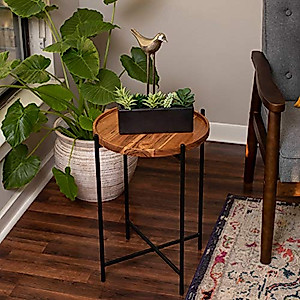 BIRDROCK HOME Folding Side Table with Removable Wood Tray - Black Metal Foldable Nightstand - Indoor Use Only - Bar Coffee Drinks Food Serving Tray - Decorative Modern End Accent - Natural Acacia