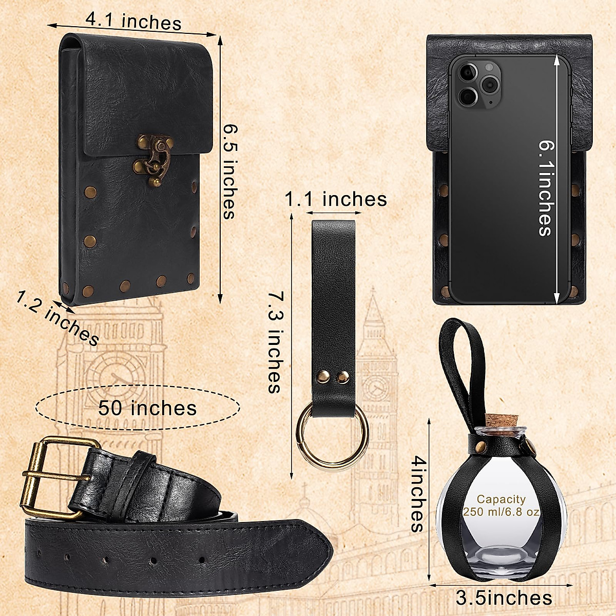 Magibag Renaissance Belt Pouch Waist Bag Pouch Skirt Hike Medieval Bag Ren Faire Costume Accessories for Halloween (Potion Bottle-Black)