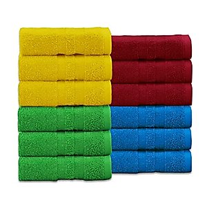 COTTON CRAFT Primary Colors Washcloth - Set of 12 Soft Absorbent 100% Cotton Facecloth - Bright Colorful Dorm Kids Baby Wash Cloth - Everyday Pool Shower Kitchen Bathroom Towel - 12 x 12 - Multi Color