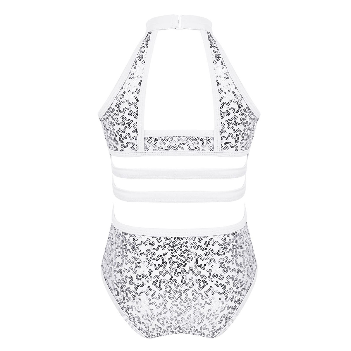 Jowowha Girls Sparkly Sequins Cutout Back Gymnastic Leotards Halter Neck One-Piece Ballet Dance Unitard Top Bodysuit Jumpsuit White 10 Years