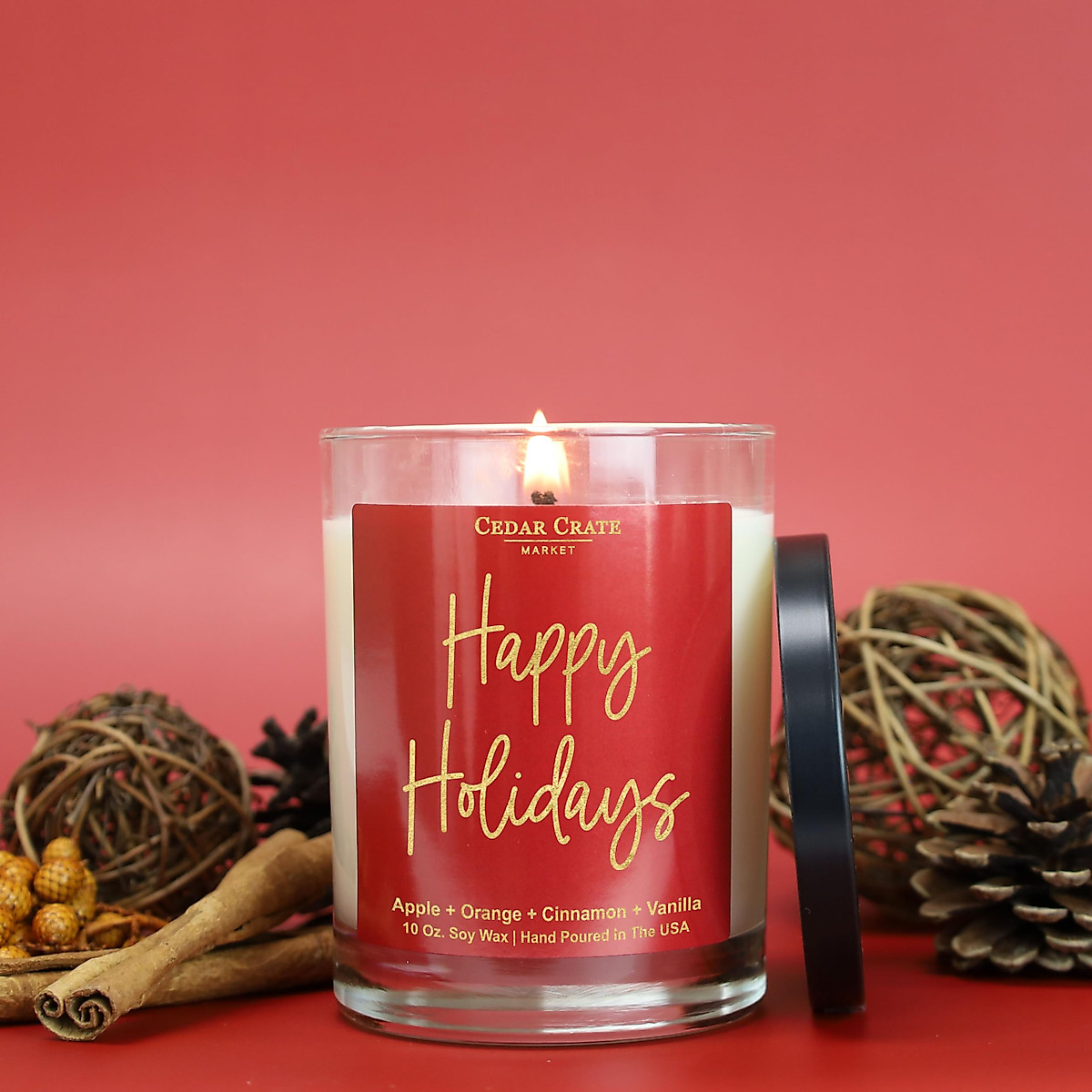 Cedar Crate Market - Happy Holidays Christmas Candle - Apple + Orange + Cinnamon + Vanilla Scented Soy Candles for Home | 13.5 oz Clear Jar, 55+ Hour Burn Time, Made in The USA