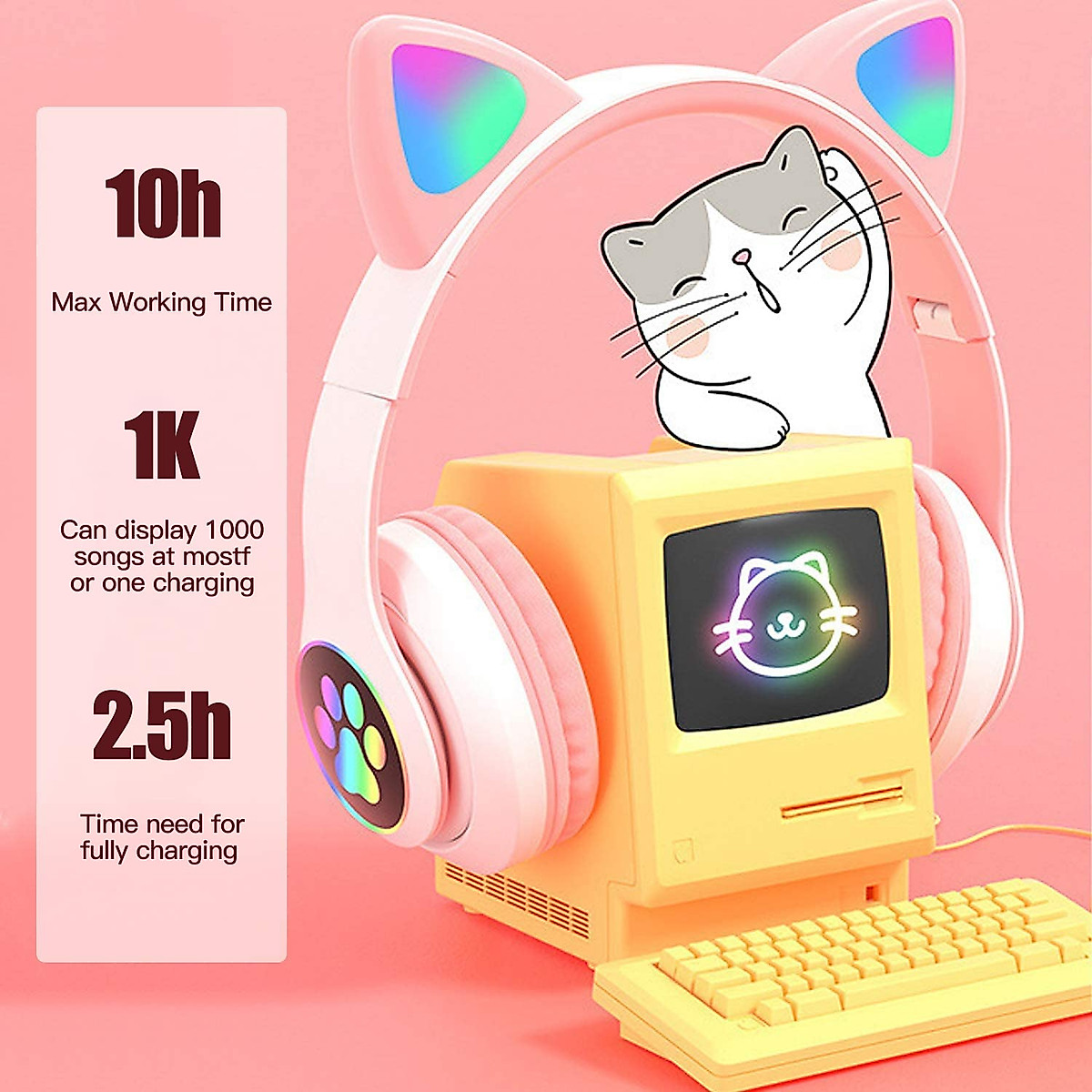 KERHAND Bluetooth Headphones for Kids, Cute Ear Cat Ear LED Light Up Foldable Headphones Stereo Over Ear with Microphone/TF Card Wireless Headphone for iPhone/iPad/Smartphone/Laptop/PC/TV (PIink)