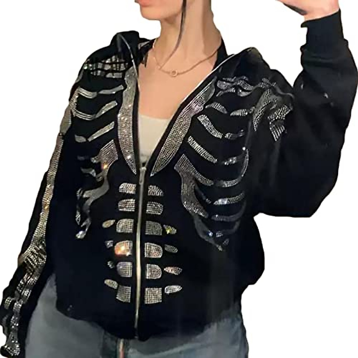 Women Men Oversized Zip Up Hoodie Sweatshirt Rhinestone Skeleton Sweatshirt Loose Fit Aesthetic Hoodies(Black-1,Small)