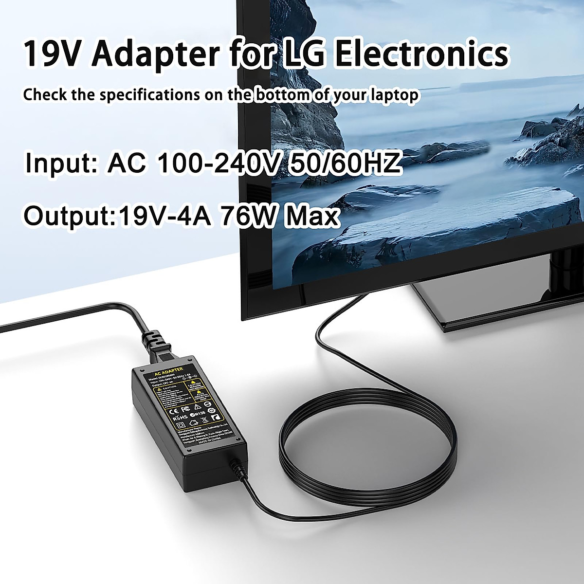 19V Power Cord for LG Electronics 19" 20" 22" 23" 24" 25" 26" 27" 29" 34" LCD LED Monitor 25UM58 34UM58-P 24MP55HQ 19EN33T 27MP37HQ Power Supply Charger