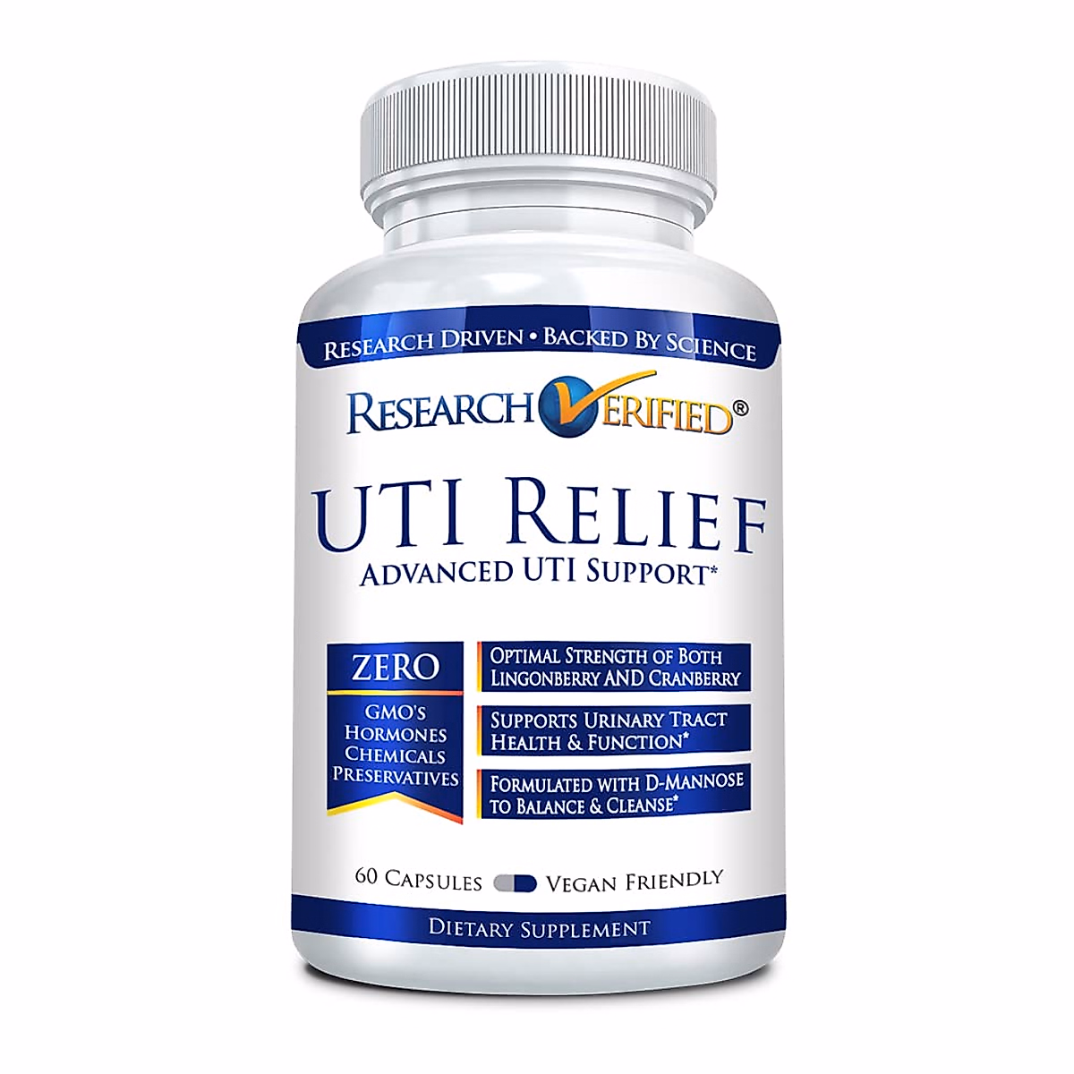Research Verified UTI Relief - Urinary Tract Support Supplement - 100% Natural, Vegan with Lingonberry, Cranberry & D-Mannose - 1 Bottle (1 Month Supply)