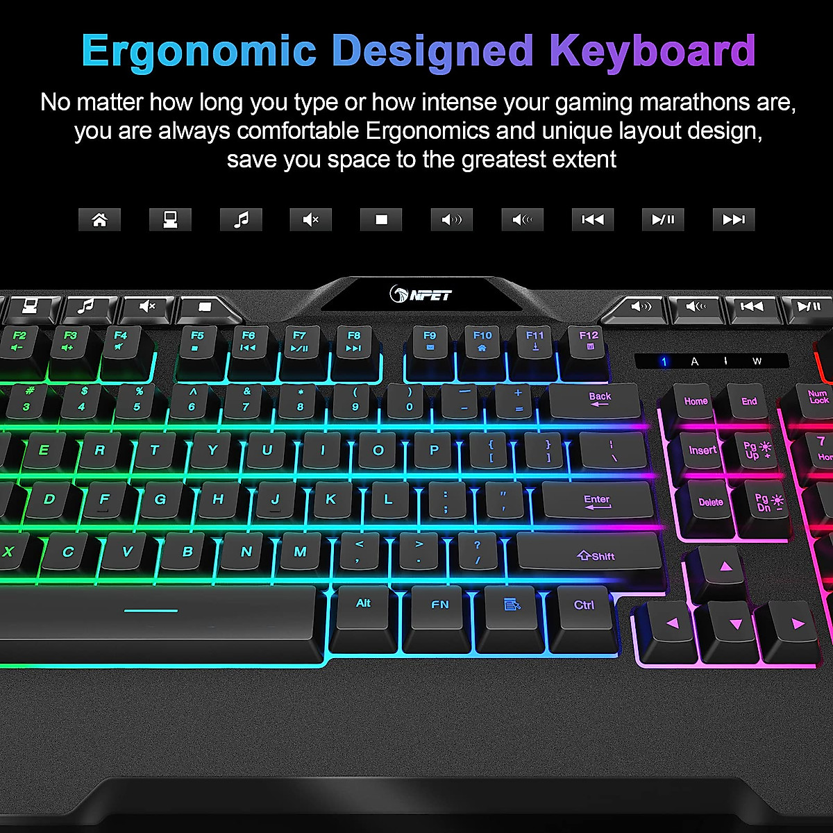 NPET K31 Gaming Keyboard, Wired LED Backlit Computer Keyboard with 10 Dedicated Multimedia Keys, USB Ergonomic Wrist Rest Mechanical Feeling Keyboard for Windows/Desktop/Computer/PC