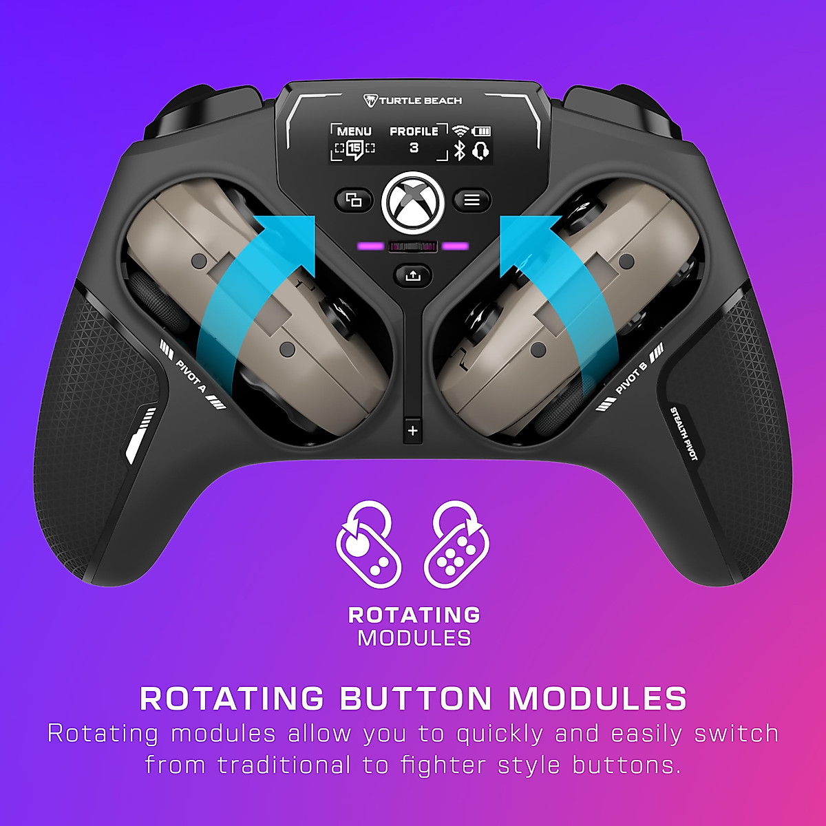 Turtle Beach Stealth Pivot Wireless Smart Game Controller Officially Licensed for Windows PC – Rotating Modules, Display Dashboard, Hall-Effect Sticks, Remappable Buttons, Bluetooth, 20-Hour Battery