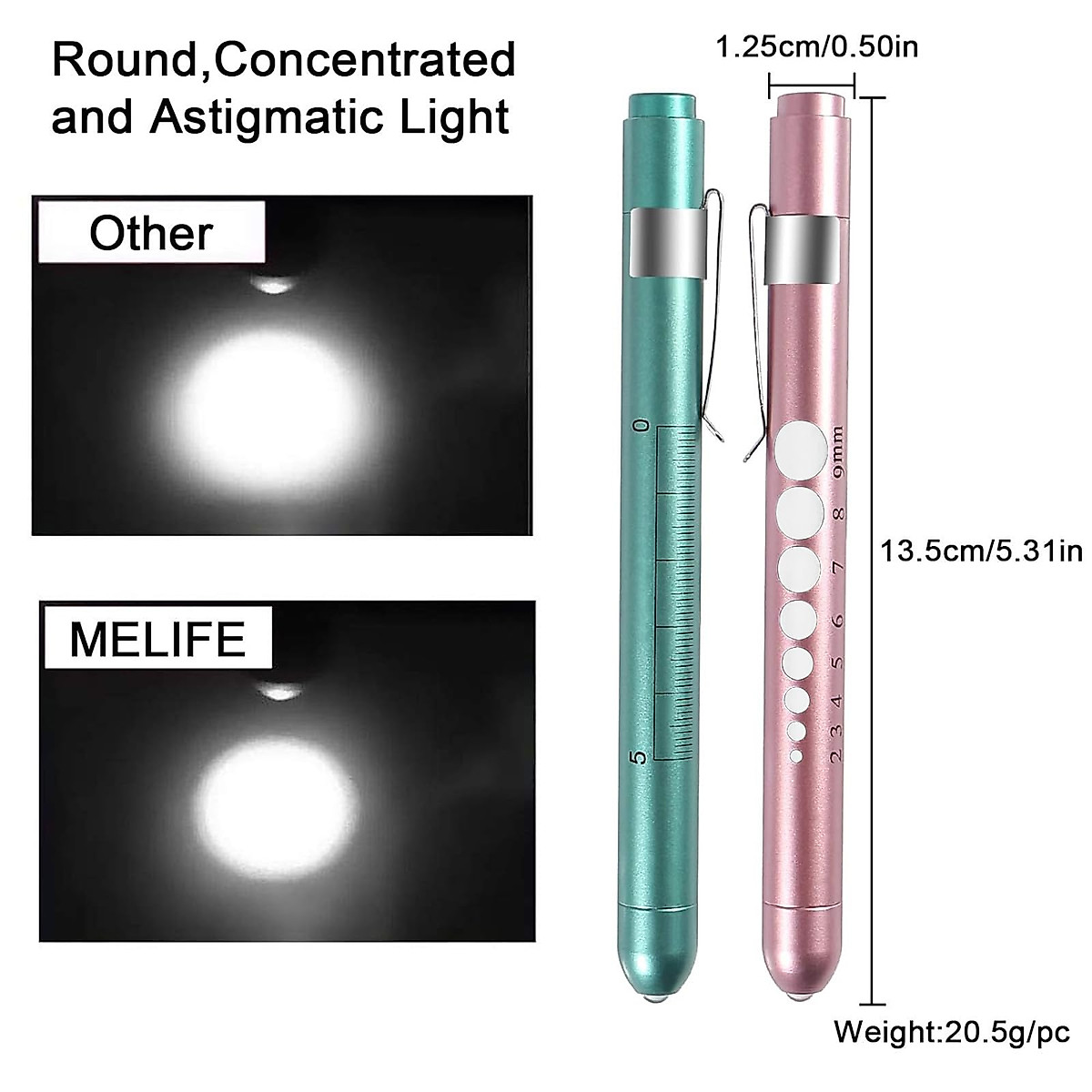 MELIFE Pen Light with Pupil Gauge, White Light Premium Copper Reusable LED Penlights for Doctors Medical Nursing Students etc, Pink and Green