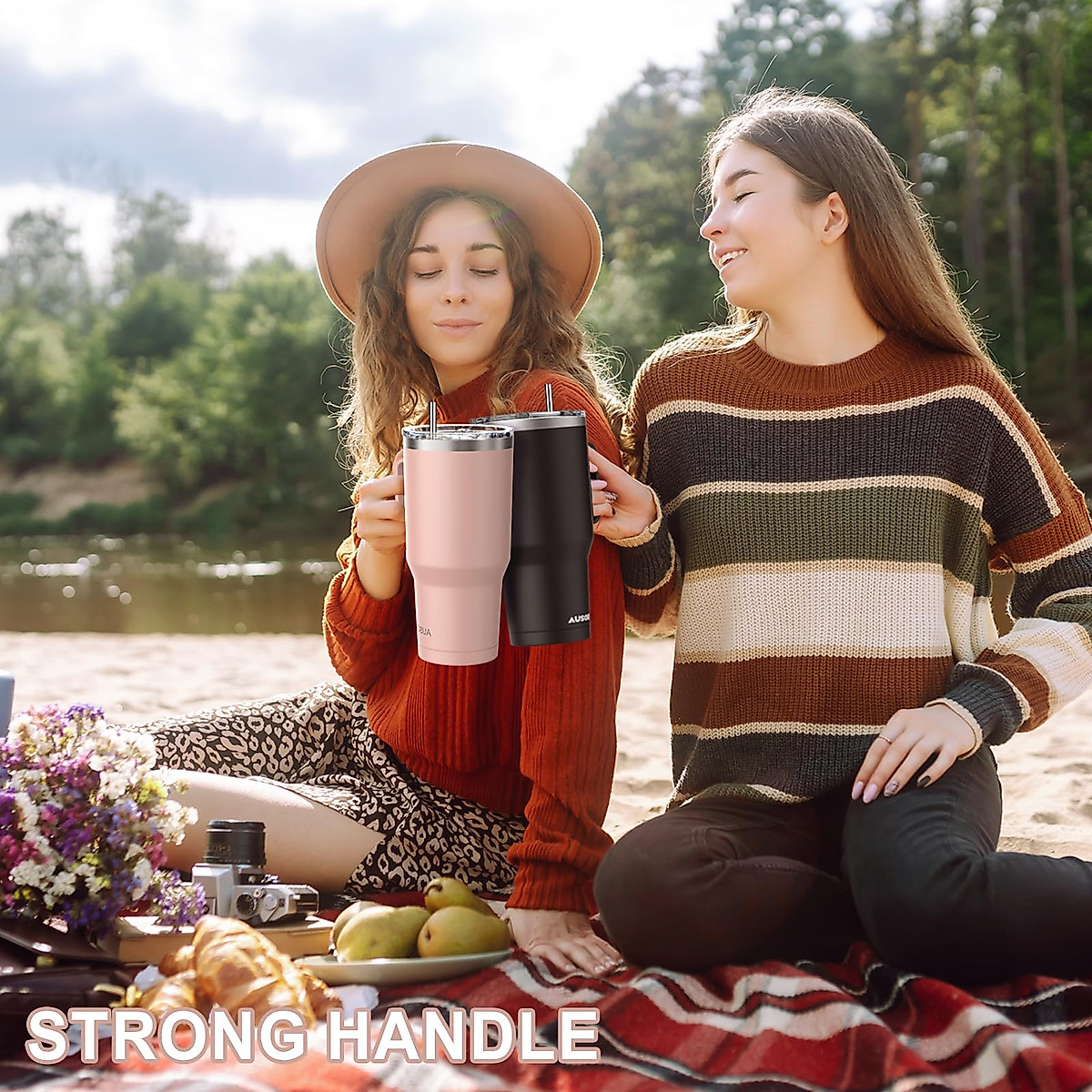 AUSOR 30 oz Tumbler with Lid and Straw,Water Bottle,Insulated Tumbler for Hot & Cold, Blue & Pink