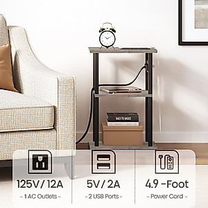 TUTOTAK Small Narrow Side Table with Charging Station, Skinny End Table for Small Spaces, Slim Nightstand with USB Ports and Outlet, Sofa Beside Table with Wheels, Greige TB01BG046
