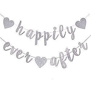 Happily Ever After Silver Glitter Bunting Banner, Engagement, Bridal Shower, Wedding Party Photo Booth Props Signs,Pre-Strung Cursive Bunting (Silver)