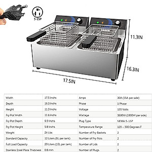 HOOCOO Commercial Electric Deep Fryer, Dual Tank Stainless Steel Deep Fryer with 2 Basket & Lid Capacity 2 x 10L Countertop Fryers for Home Kitchen and Restaurant 3600W 120V