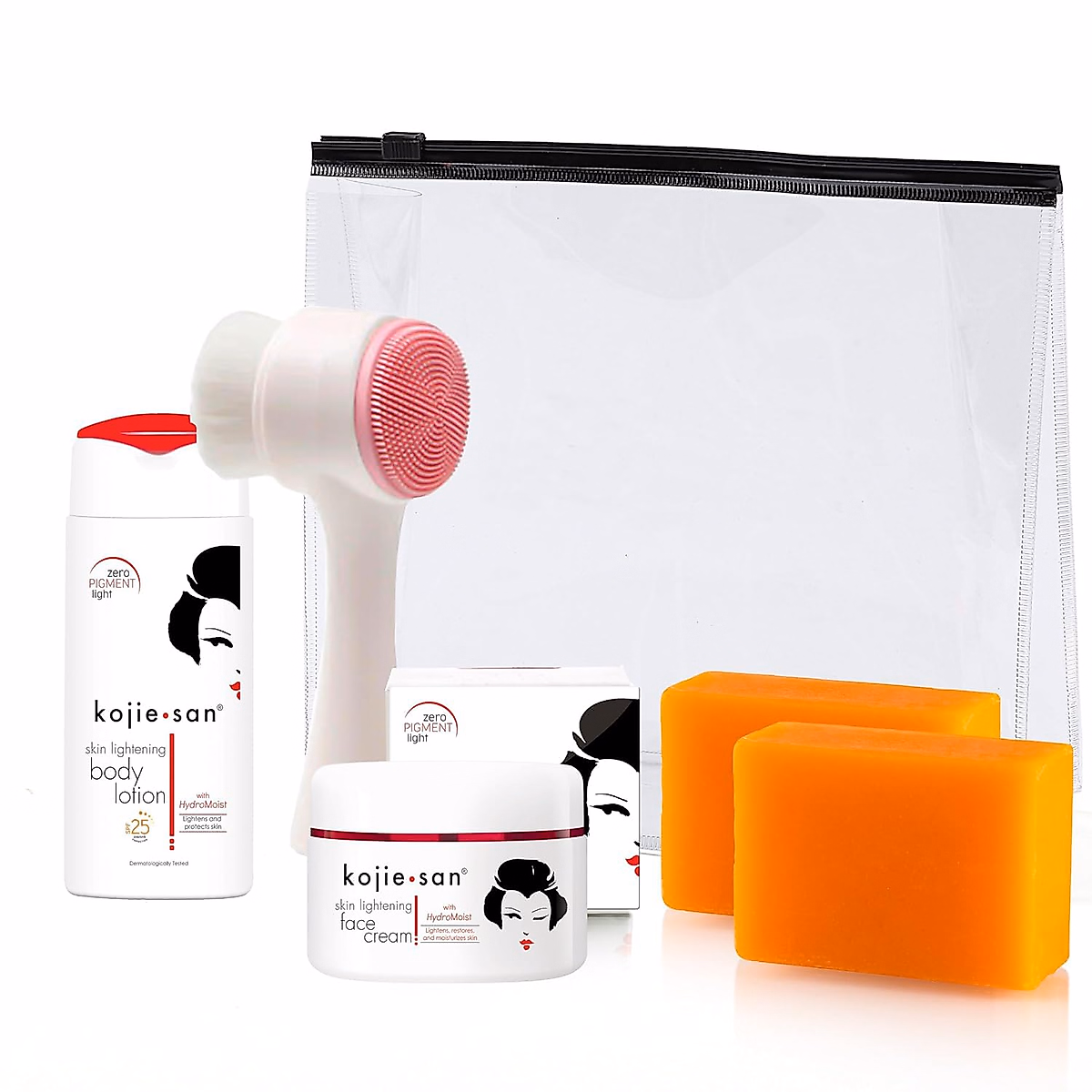 Kojie San Face & Body Complete Brightening Mini Set - 65 Gram x 2 Bars Soap, Body Lotion, Face Cream, and Facial Cleansing Brush