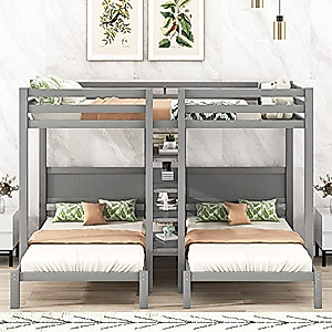 BOVZA Modern Triple Bunk Bed Frame, Twin XL Over Twin&Twin Wooden Bunk Bed with Built-in 4 Shelves and Ladder, Saving Space, Gray