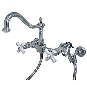 Kingston Brass KS1241PXBS Wall Mount Bridge Kitchen Faucet with Brass Sprayer, 8", Polished Nickel