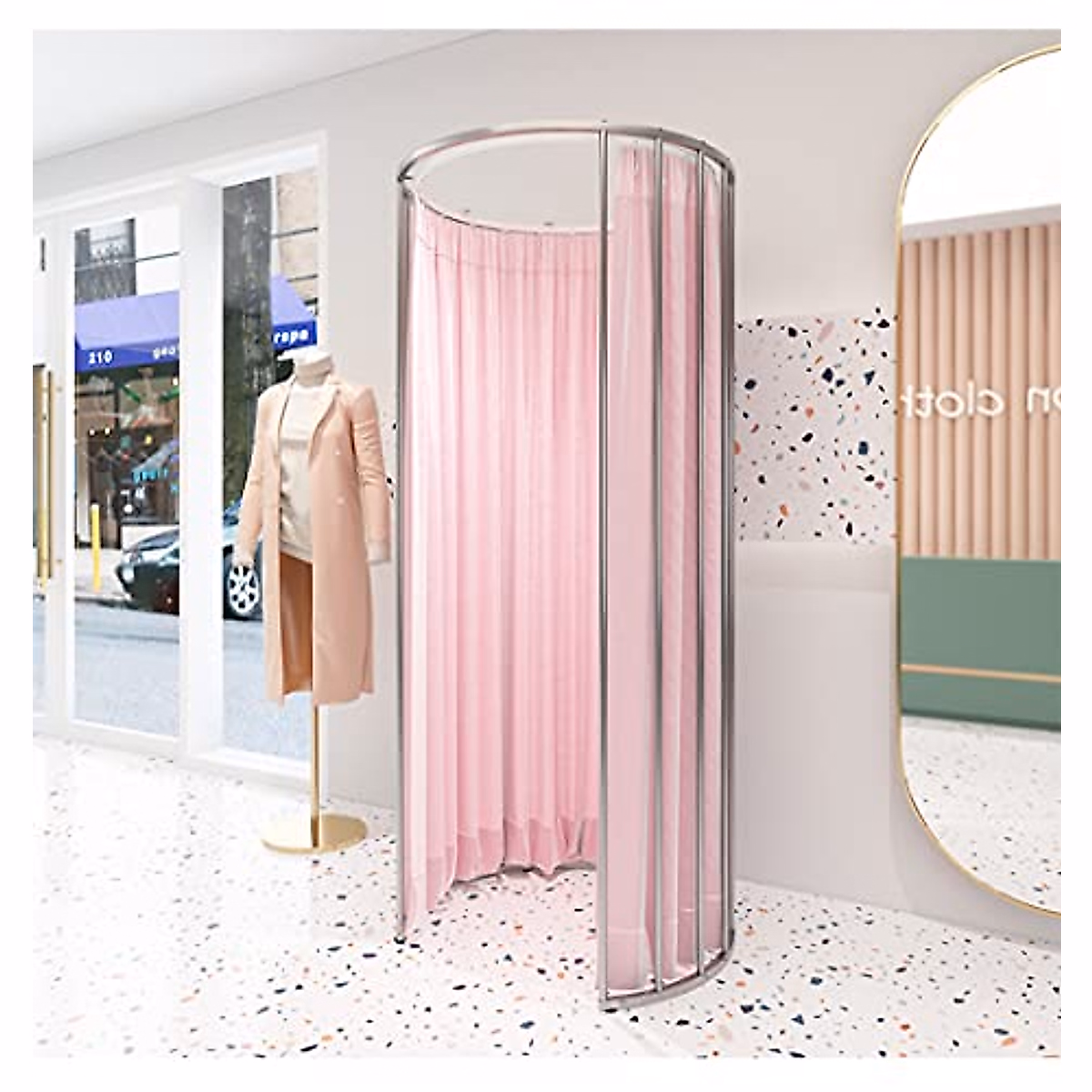 Clothing Store Fitting Room Silver Rod with Curtain, Portable Temporary Mobile Privacy Protection Dressing Room, Foldable Mall Simple Changing Room and Display Rack, 200x100cm (Pink)