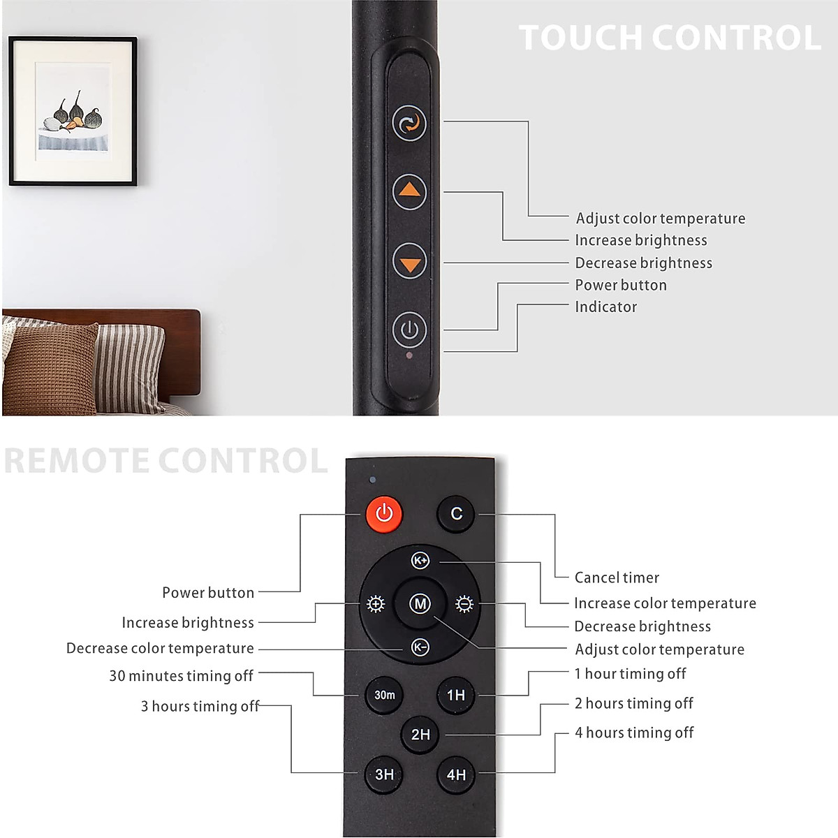 XXEAN Super Bright LED Floor Lamp with Remote,22W Dimmable Standing Lamp for Bedroom,Adjustable 10 Levels Brightness Tall Lamp with Timer,Touch Control Black Floor Lamp for Living Room