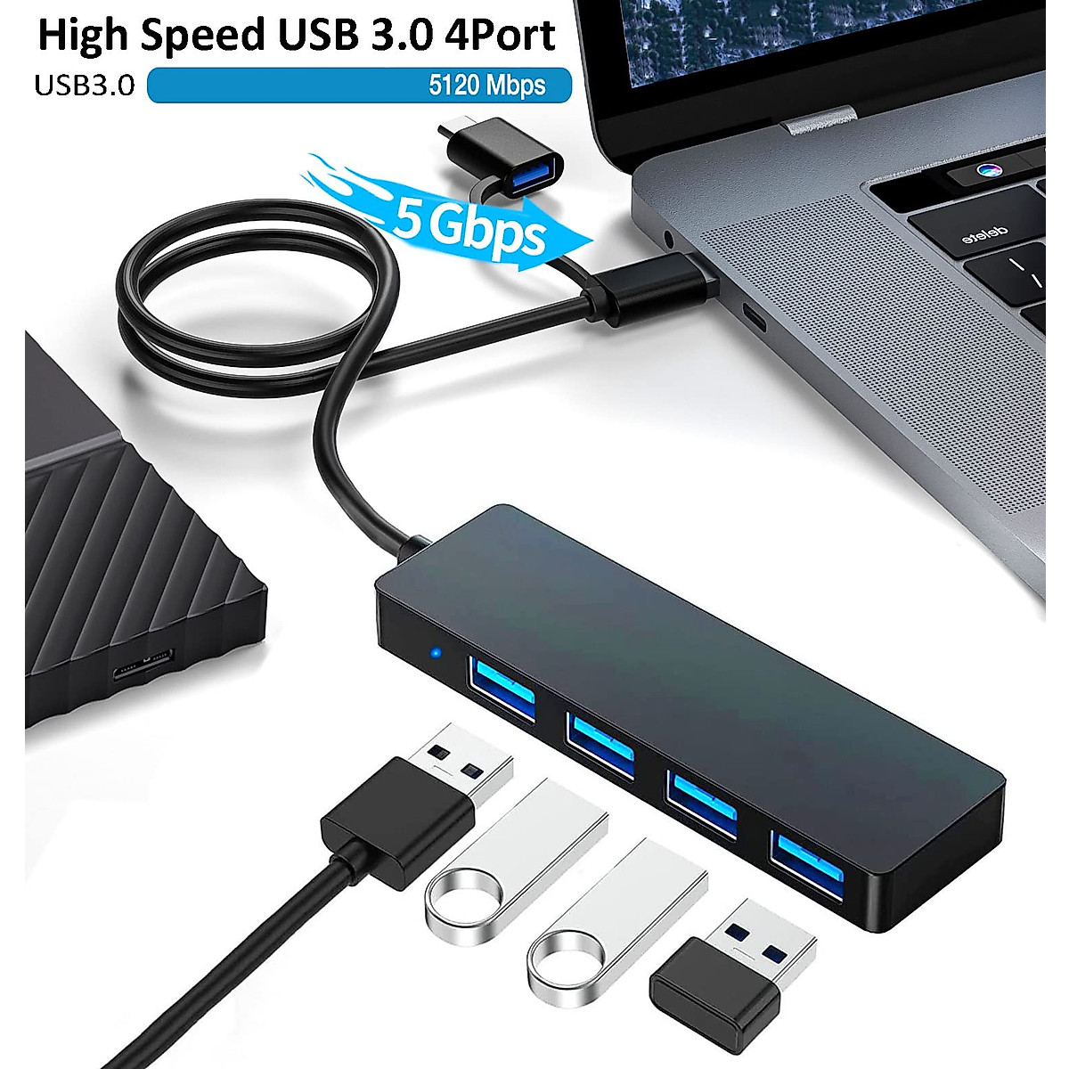 USB 3.0 Hub 2 in1 4-Port, Siawclub USB C to USB Splitter Expander for MacBook Pro, Laptop, Xbox, Flash Drive, HDD, Printer, Camera, Keyborad, Mouse