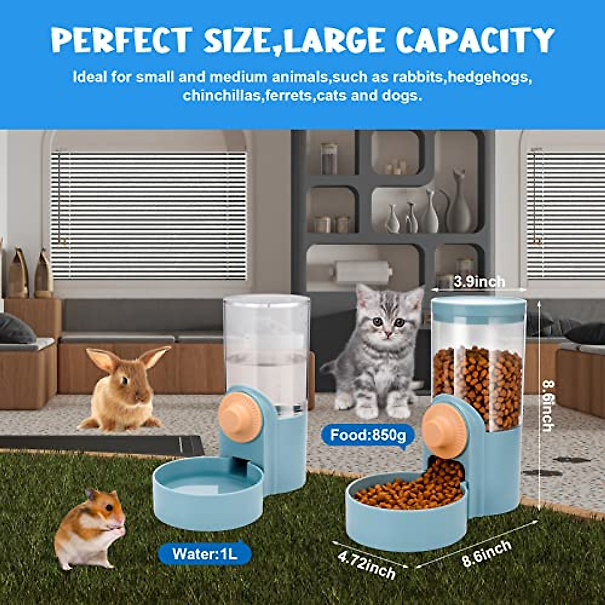 Jspupifip 35oz Rabbit Automatic Food Water Dispenser,Hanging Pet Food Water Dispenser Cage Automatic Feeder Set for Small Cats Dogs Rabbit Chinchilla Guinea Pig Hedgehog Ferret(Green)