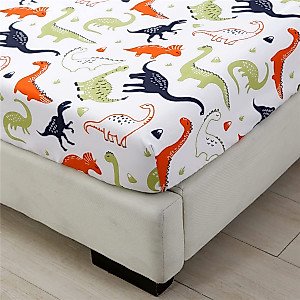 URBONUR 4-Piece Toddler Bedding Set - Ultra Soft Cartoon Jurassic Dinosaur Print Boys Toddler Comforter Set - Include Comforter, Flat Sheet, Fitted Sheet and Reversible Pillowcase, Gray Dinosaur