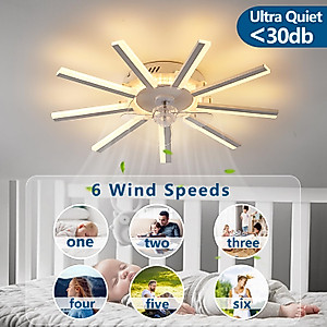 HuixuTe 27" Geometric Ceiling Fan with Lights, 3 Colors 6 Speeds Personalized Ceiling Fan with Light Remote Control, White Low Profile Ceiling Fan with Light for Kitchen Bedroom