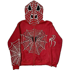 Rvnsu Women Y2K Spider Web Hoodies Gothic Full Zip Up Hoodie Punk Jackets Graphic Sweatshirt Hoodies(Red,M)