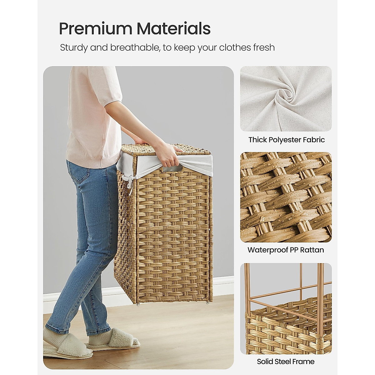 SONGMICS Laundry Hamper with Lid, 42.3 Gallons (160 L), Rolling Laundry Basket with Wheels, 3-Section Synthetic Rattan, Removable Liner, Bedroom, 27.6 x 14.2 x 26 Inches, Natural ULCB365N01