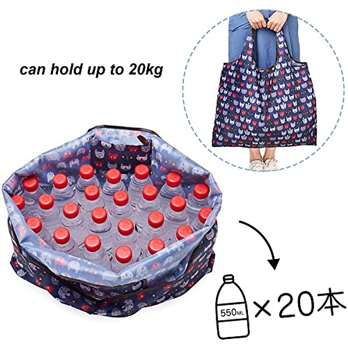 ZEWZE Reusable Shopping Bag, Foldable, Washable Grocery Tote with Pouch, environmental protection, light, small and portable (Cat (blue)+Cat (yellow))