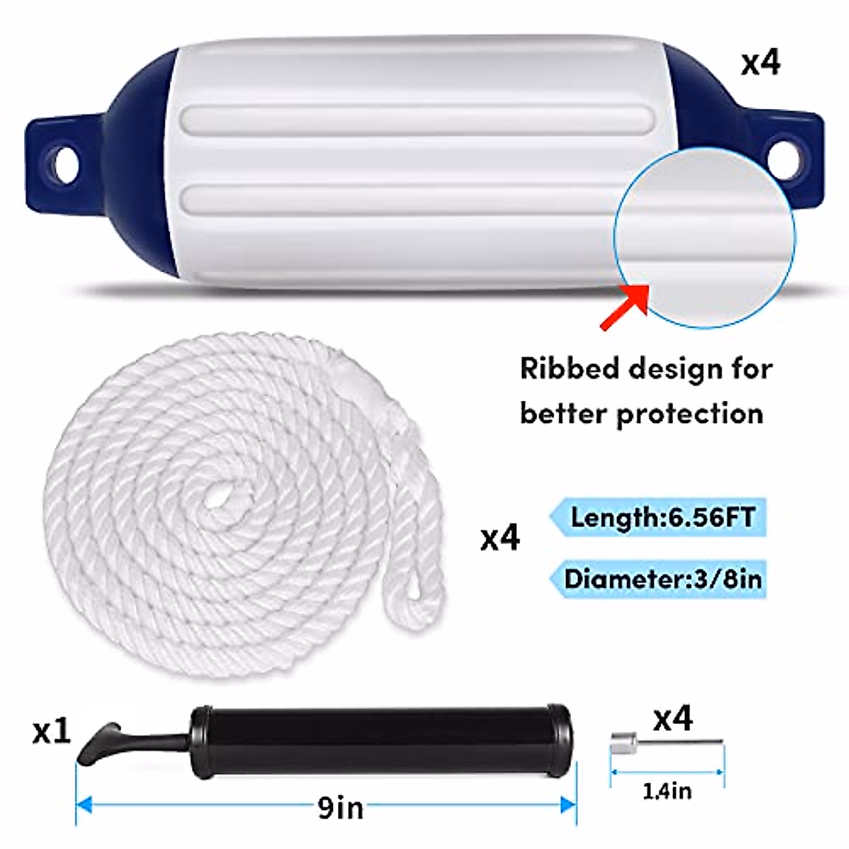 VEITHI Boat Fenders 4Pack, Ribbed Twin Eyes Vinyl Boat Fender Bumpers, Boat Bumpers for Docking Come with Ropes Needles and Pump to Inflate, Bumpers of Boats 8.5 x 27 inch White/Blue