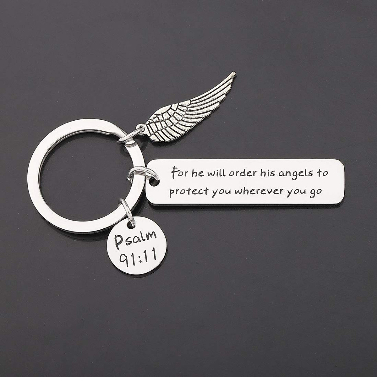 CHOORO Bible Verse Keychain for He Will Order His Angels to Protect You Wherever You Go Religious Jewelry Christian Gift (Keychain)