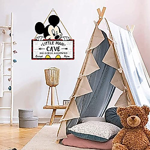 Little Man Cave Wooden Hanging Wall Sign, Mouse Wood Hanging Sign for Boy's Room Decoration, Baby Boy Nursery Door Sign Decor For Toddlers Kids Bedroom Red & Black Buffalo Plaid