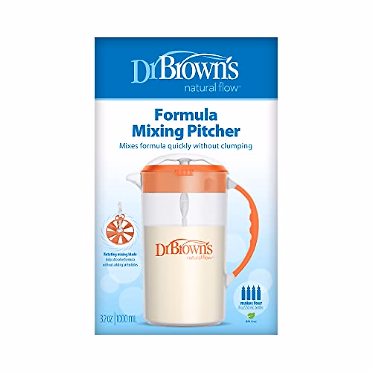 Dr. Brown's Baby Formula Mixing Pitcher with Adjustable Stopper, Locking Lid, & No Drip Spout, 32oz, BPA Free, Orange