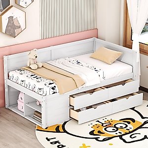 Brisca Twin Size Daybed with Four Drawers and Three Shelves,Multifunction Solid Wood Storage Bed Frame,W/Wooden Slates Support,for Kids Teens,Boys & Girls,No Box Spring Needed,White