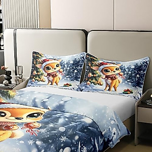 3D Kawaii Deer Bedding Set King Size Glitter Green Christmas Tree 100% Cotton Duvet Cover for Kids Boys Girls Teens Cartoon Cute Wild Animal Rustic Style Comforter Cover,2 Pillowcases(No Comforter)