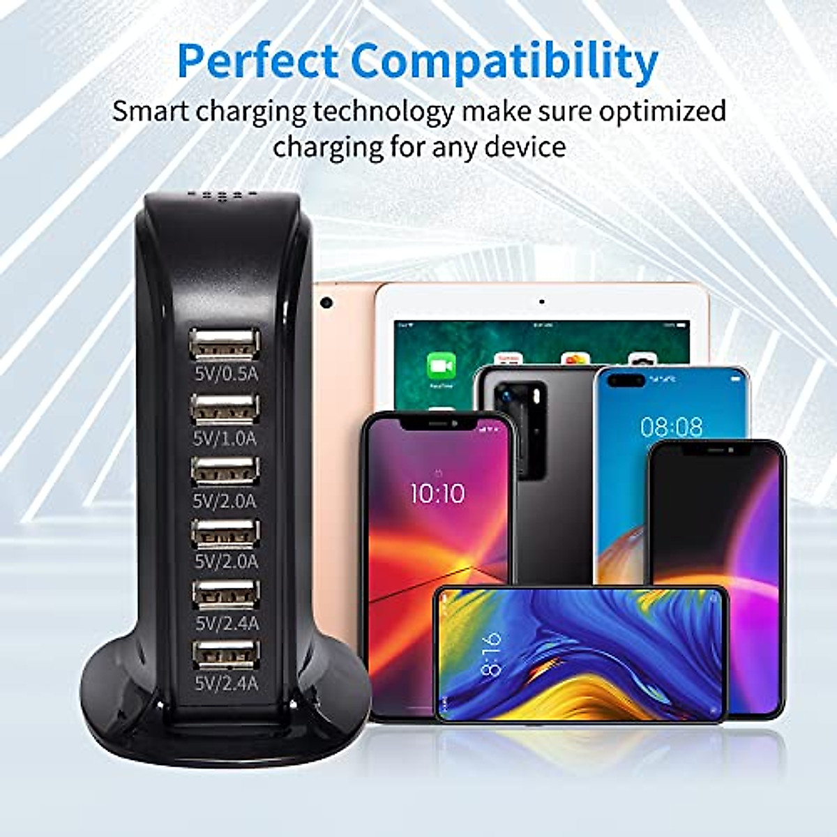 Wyssay 10A(50W) 6-Port Independent Desktop USB Charging Station,Multi USB Fast Charger Compatible with iPhone 13/13pro Max 12/12 Mini/12Pro/12 Pro Max/11/11 Pro iPad AirPod,Tablets（Black）