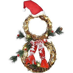 DearHouse Lighted Christmas Wreath Decoration Clearance, 16 x 8 Inch Grapevine Wreath with Hat and Scarf Snowman Shape Wreath for Front Door Home Garden Wall Decor