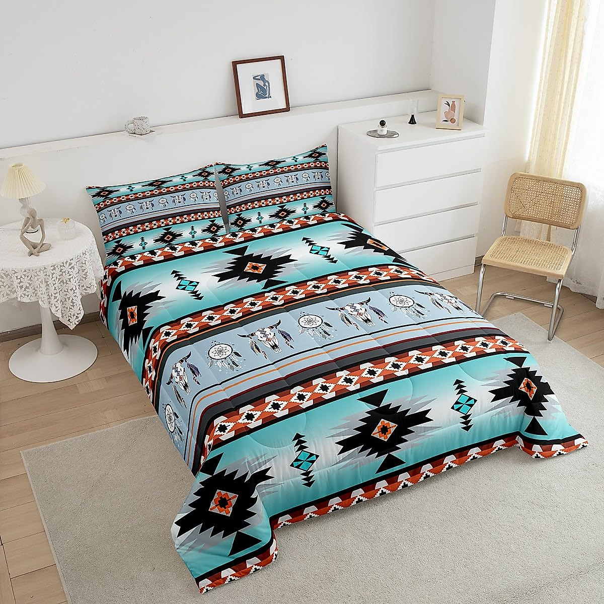 Erosebridal Western Bedding Sets Queen, Exotic Bull Skull Queen Comforter Set Southwestern Quilt,Dream Catchers Tribe Feather Duvet Insert Western Animals Boho Aztec Western Decor Blue Teal Orange