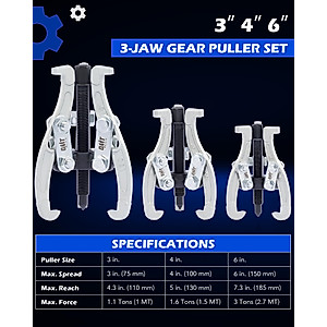 Orion Motor Tech Gear Puller Set, 3" 4" 6" 3 Jaw Puller Kit for Pulley Gear Bearing Flywheel Removal, Heavy Duty Pulley Puller with Reversible Jaws 3 pcs Bearing Puller Tool Kit