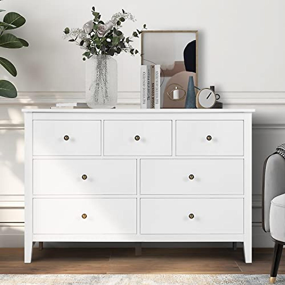 Yokstore White Dresser for Bedroom, 7 Drawer Dresser, Wooden Bedroom Dresser, Modern Storage Chest of Drawers for Living Room, Hallway, Entryway, Bedroom Furniture