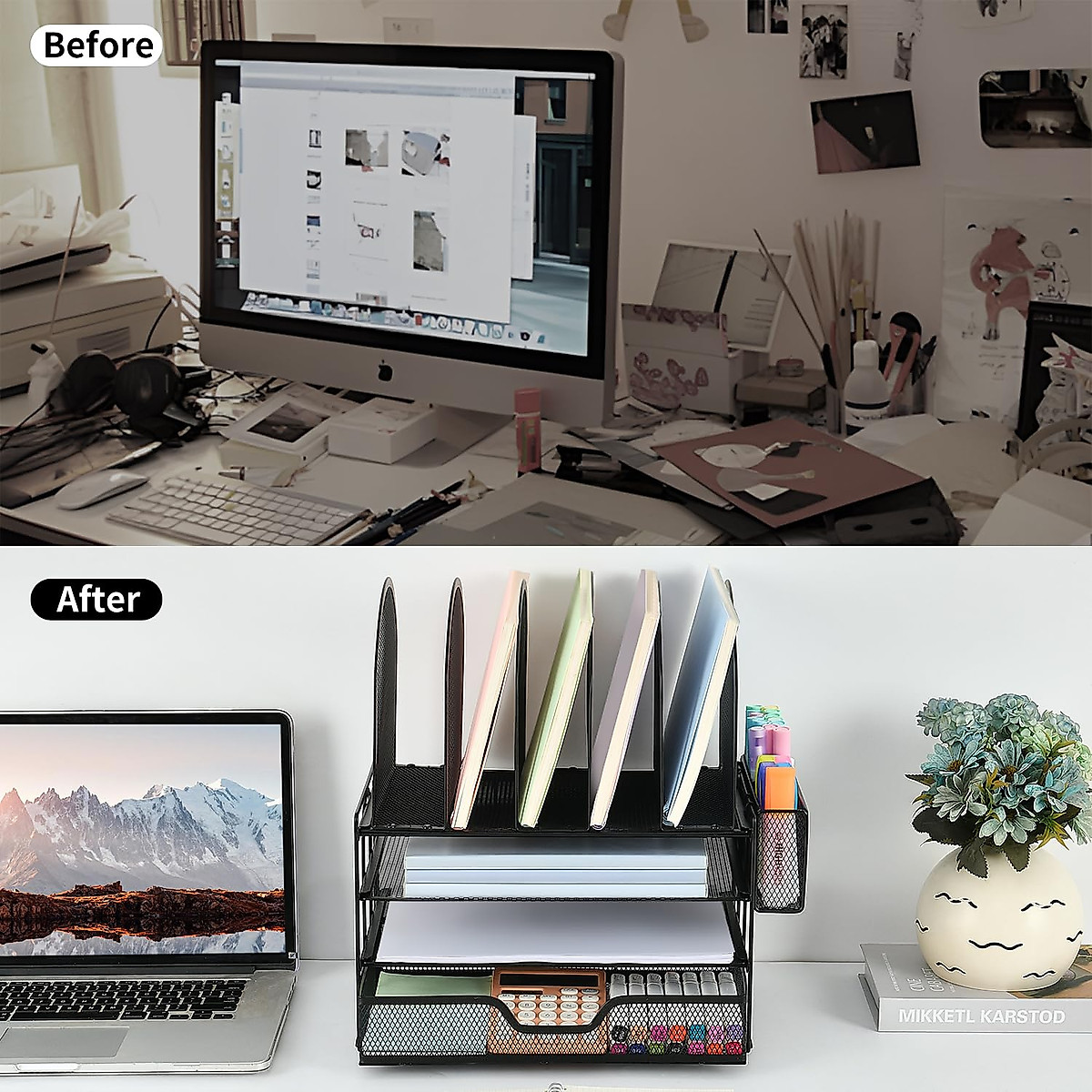 ORDROLL Desk Paper Organizers and Accessories - 4-Tier Paper Letter Tray Organizer with File Holder,Drawer and 2 Pen Holders,Desk Accessories & Workspace Organizers for Office,School,Home (Black)