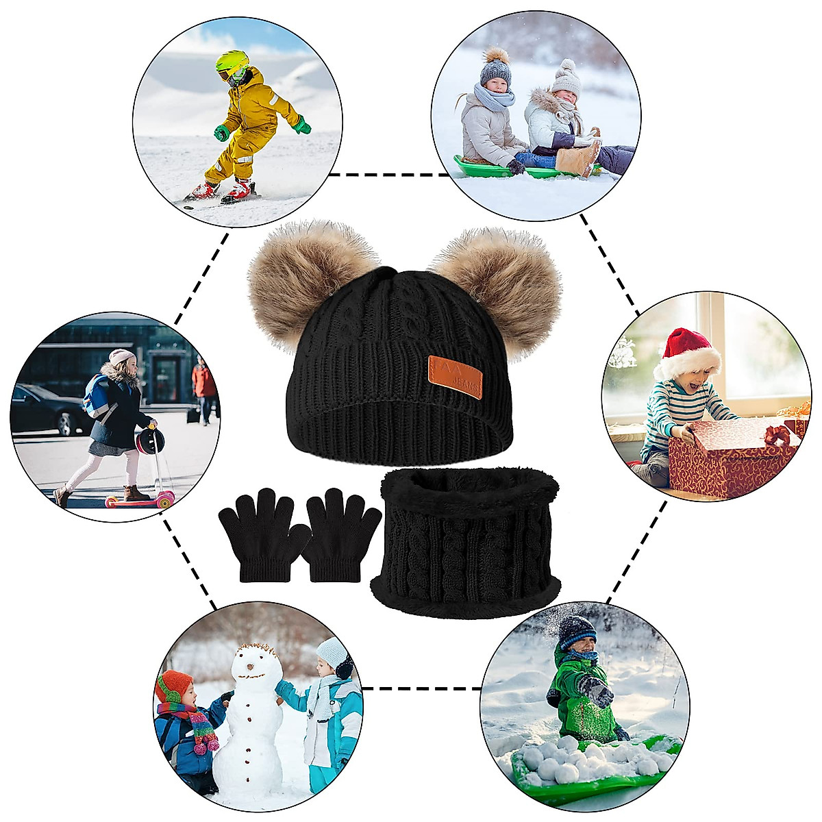 Kids Winter Beanie Hat Scarf Gloves Set, Toddlers Knit Winter Warm Double Pompom Cap Scarf Gloves for 1-5 Years Old (Black)
