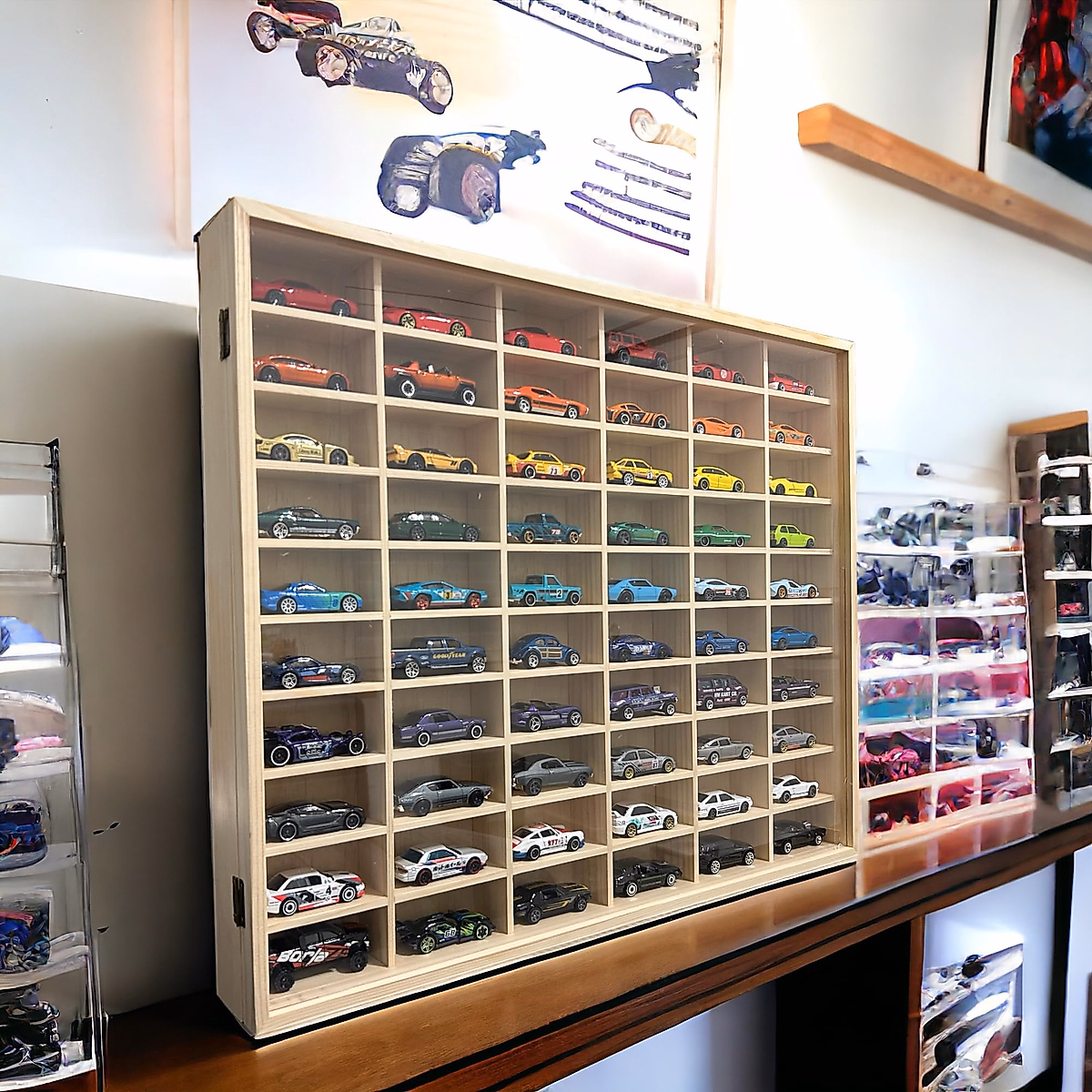 Wooden Wall Mount Display Case for Hot Wheels, with Dust Resistant Door, Matchbox 1/64 Scale Diecast Model Cars Display Storage Organizer Case, Stores up to 60 Cars