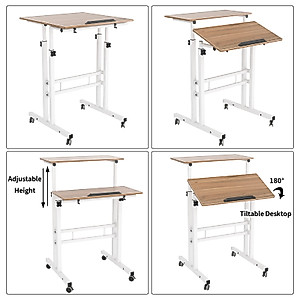 DlandHome Mobile Standing Desk Stand Up Desk Rolling Desk, Stand Sit Desk Mobile Computer Desk Adjustable Standing Desk 23.6inches Table Workstation Mobile Desk Cart Tray Oak