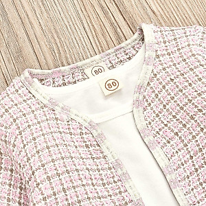 BOIZONTY Toddler Kids Baby Girls Plaid Skirt Set Cardigan Jacket Coat + Tutu Dress Set Long Sleeve Outfits Fall Outfit Set (Pink,3-4T)