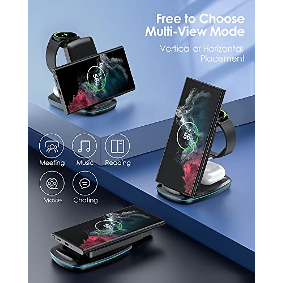 Wireless Charger 3 in 1, Foldable Fast Charging Station Compatible with Samsung Galaxy Watch 5 Pro/5/4/3/Active, S23 S23+ S22 S22+ S21 S20 Ultra FE/Note 20 10 9/ Z Flip Fold 4 3 2, Buds/2/Pro/Live