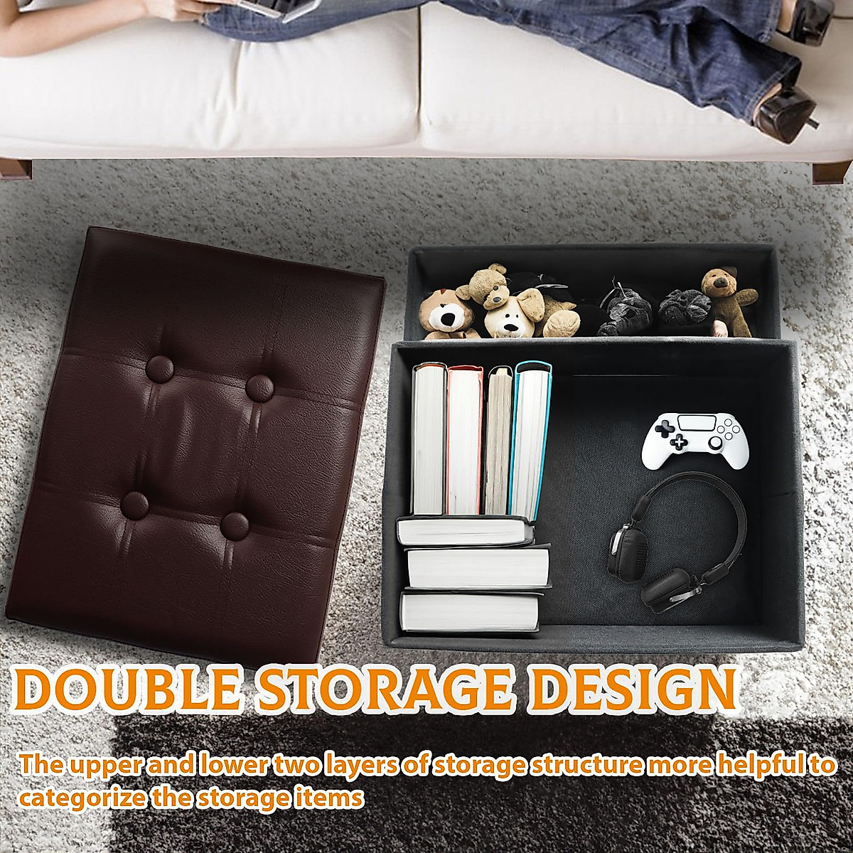 VewePata Multi Zone Folding Storage Ottoman 17 inches Leather Folding Ottomans Foot Rest Stool Storage for Living Room, Bedroom, Dorm. Double Storage Design with Thick Sponge.Brown