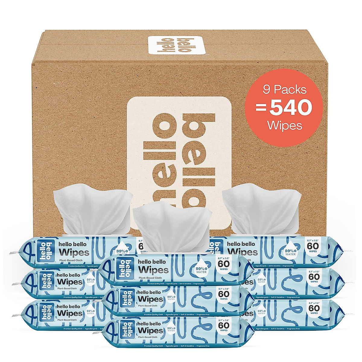 Hello Bello Extra Gentle Unscented Baby Wipes - Plant Based - Made with 99% Water and Aloe for Babies and Kids - 60 Count (Pack of 9) Total 540 Count
