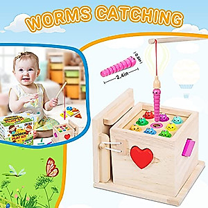 6-in-1 Wooden Play Kit Montessori Toy, Object Permanence Box, Coin Box, Carrot Harvest, Catch Worm, Shape Sorter - Toddler Learning Toy for Kid Age 1, 2, 3 Year Old, Girl boy Gift for Baby 6-12 Month