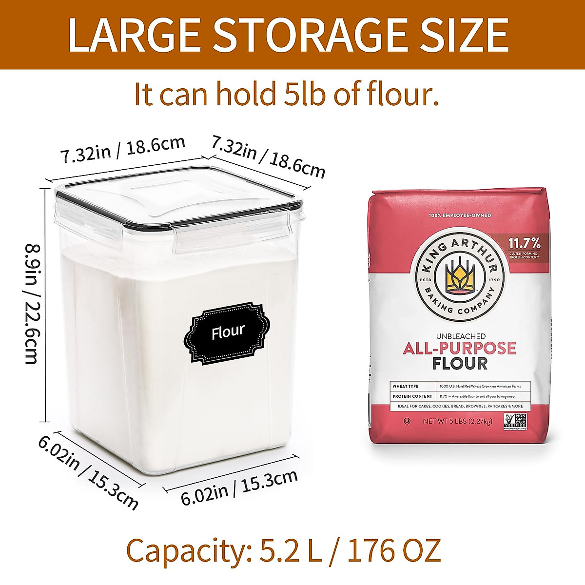 HKJ Chef 4 Pack Large Airtight Food Storage Containers with Lids (5.2L / 176oz), BPA Free Plastic Kitchen and Pantry Organization Contianers for Cereal Flour and Sugar Storage - Labels & Marker
